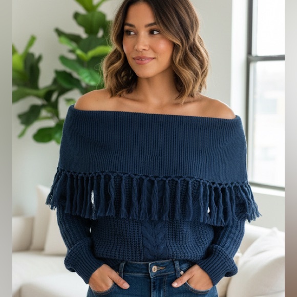 Vintage | Sweaters | New Vintage Fold Over Fringe Collar Chunky Knit ...
